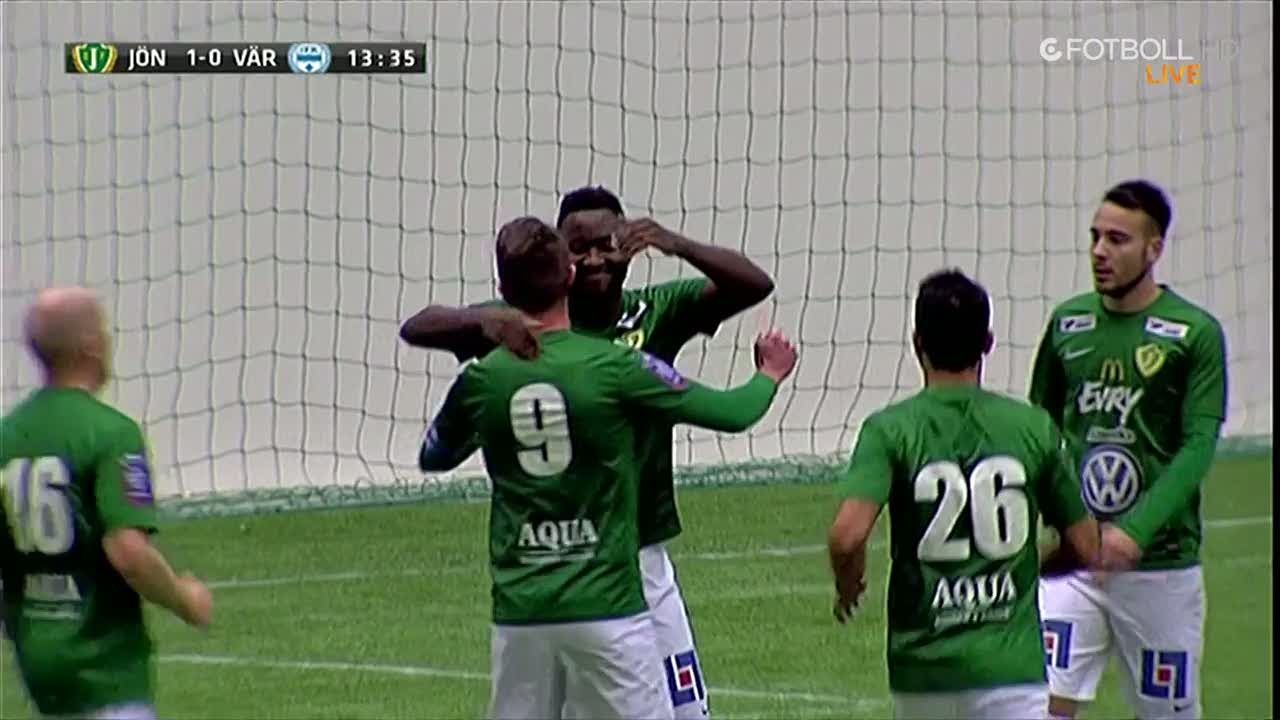 Här gör Moses Ogbu sitt första mål för Jönköping Södra